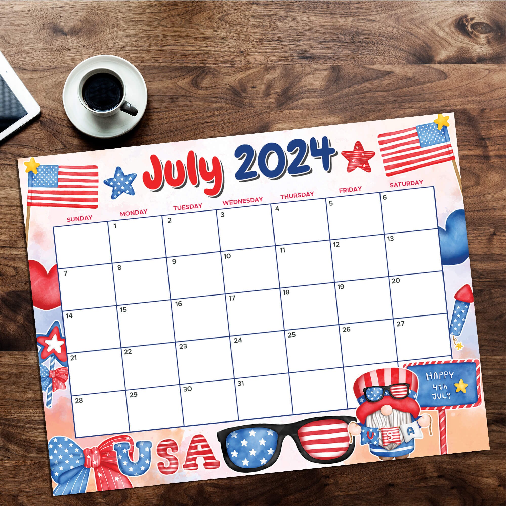 Printable 4th of July Day Calendar Planner, July 2024 Calendar, 4th of ...