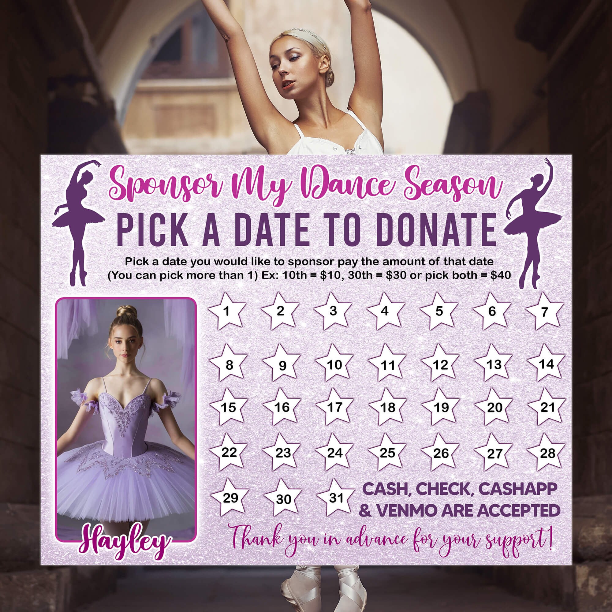 Editable Dance Themed Donation Calendar, Ballet Donation, School Ballet ...