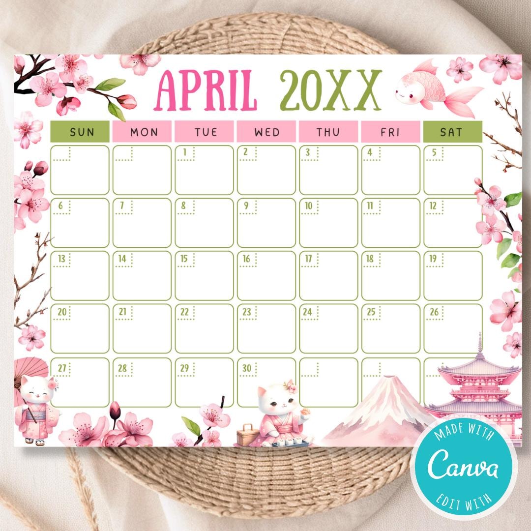 EDITABLE Spring April Calendar Printable 2025 | Colorful Cherry Blossom ...