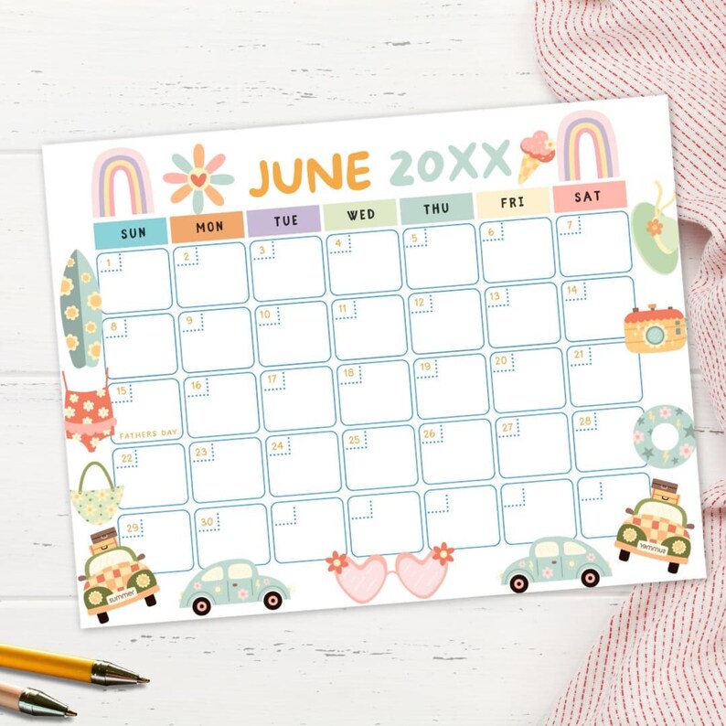 Editable Retro Summer June Calendar Template | Groovy Aesthetic ...