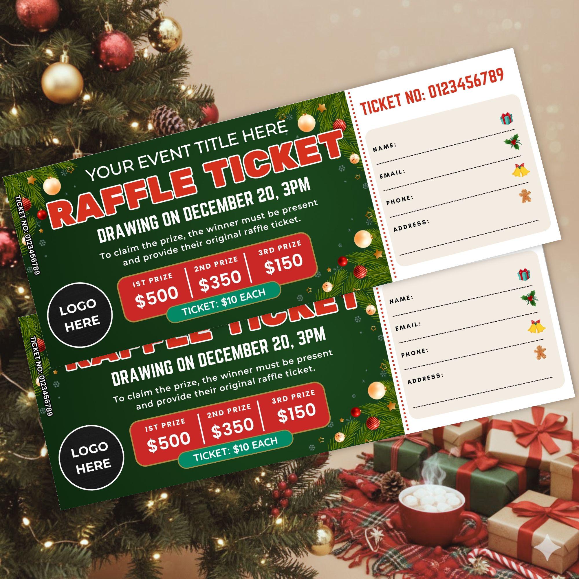 Editable Christmas Raffle Ticket Template: Xmas, Holiday and Fundraiser ...