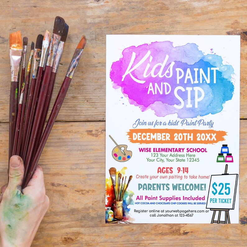 DIY Kids Paint and Sip Flyer, Editable Kids Paint Party Event Flyer ...