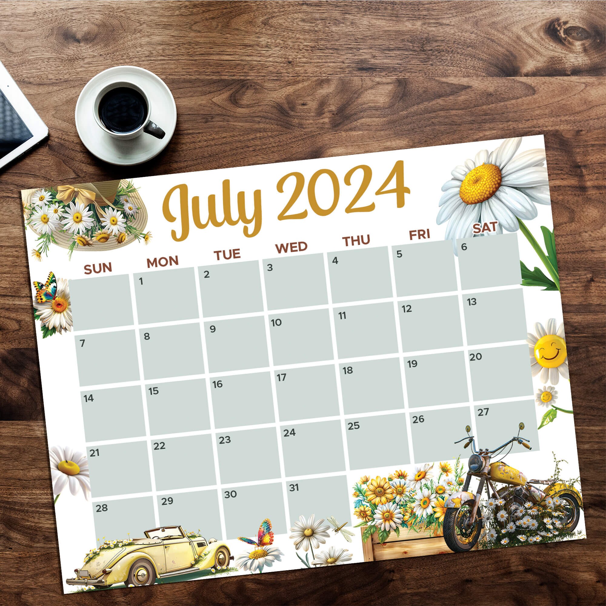July 2024 Summertime Daisy Themed Calendar, Printable Floral Calendar ...