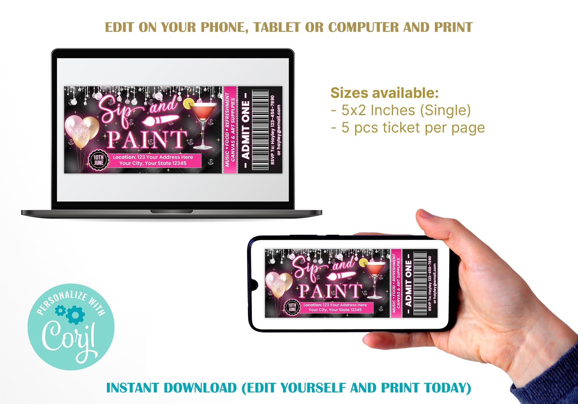 Paint and Sip Ticket | Editable Paint Party Themed Event Ticket | Sip ...