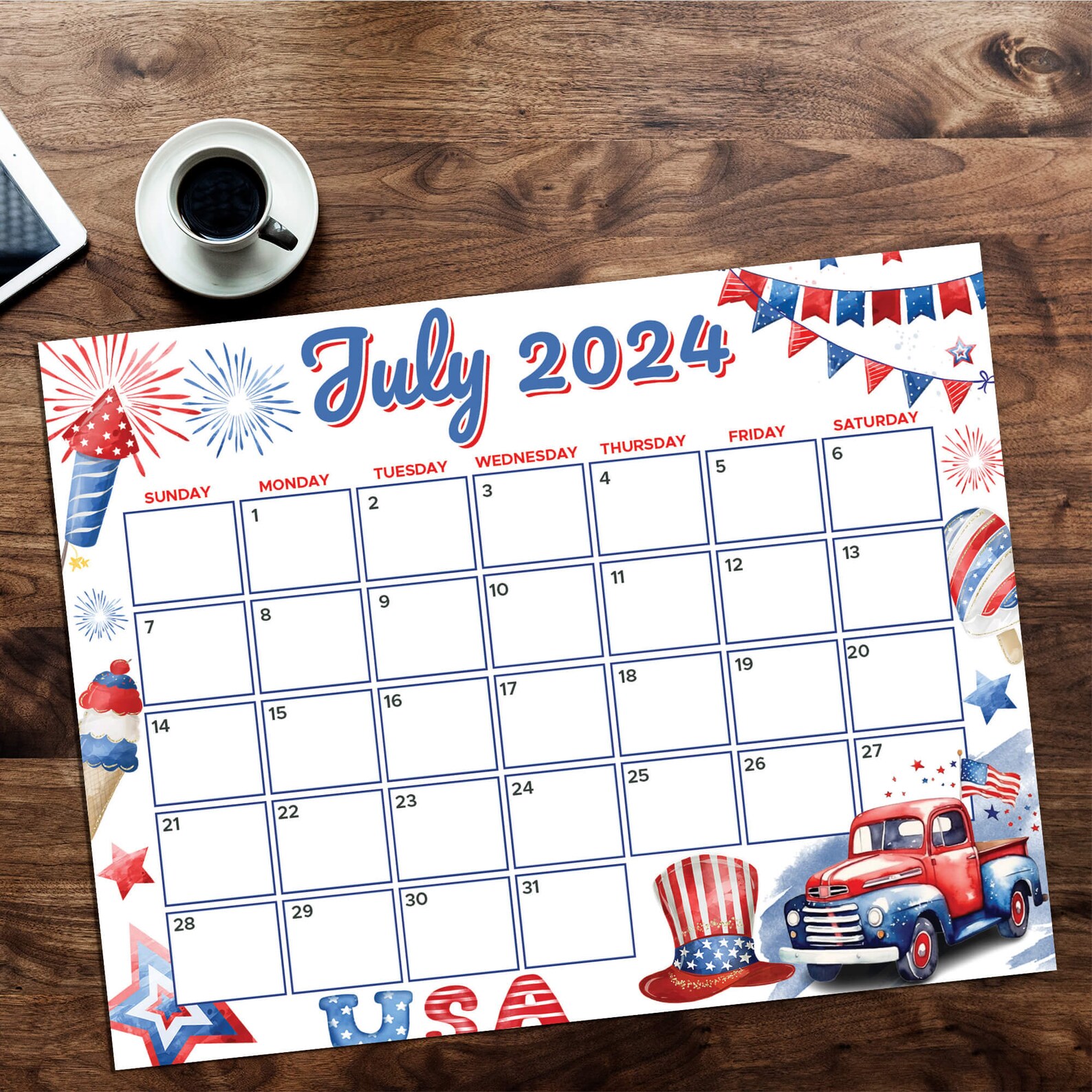 4th of July Day Calendar Planner, Printable July 2024 Calendar ...