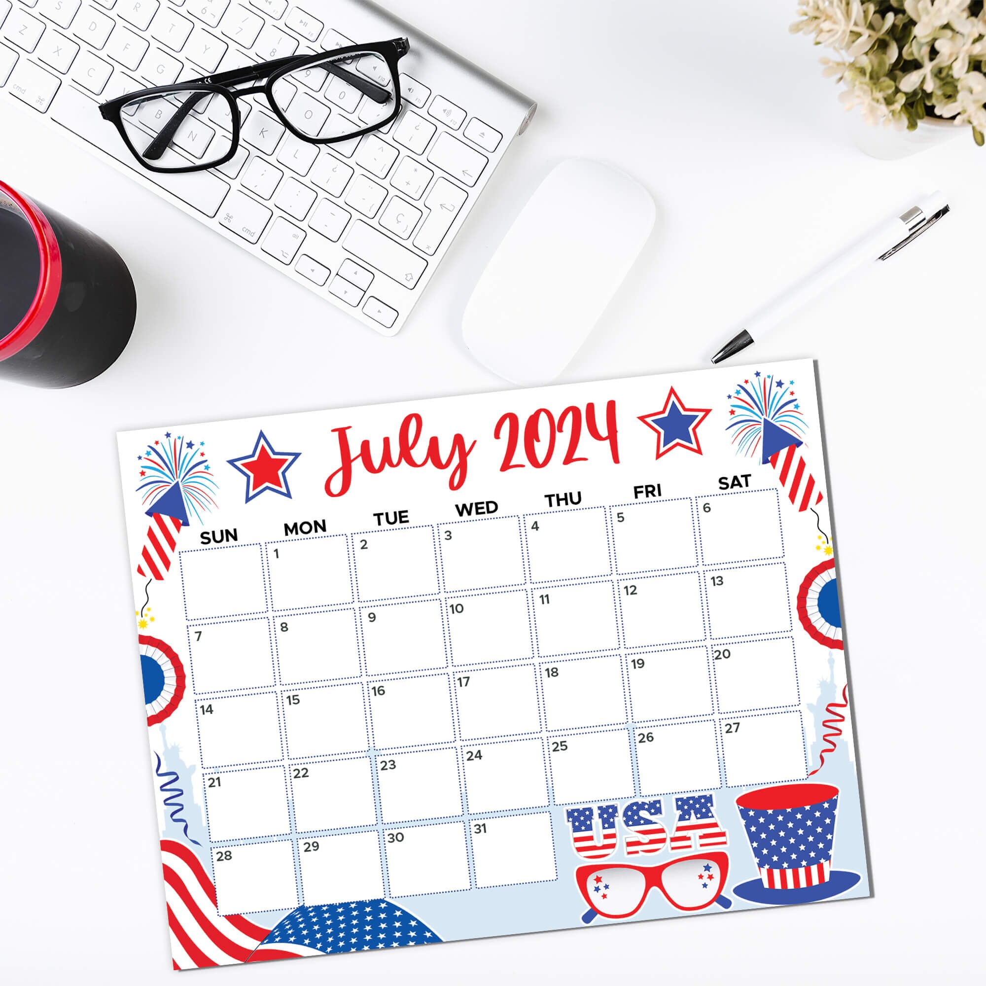 July 2024 Calendar, Printable 4th July Independence Day, Happy 4th July ...