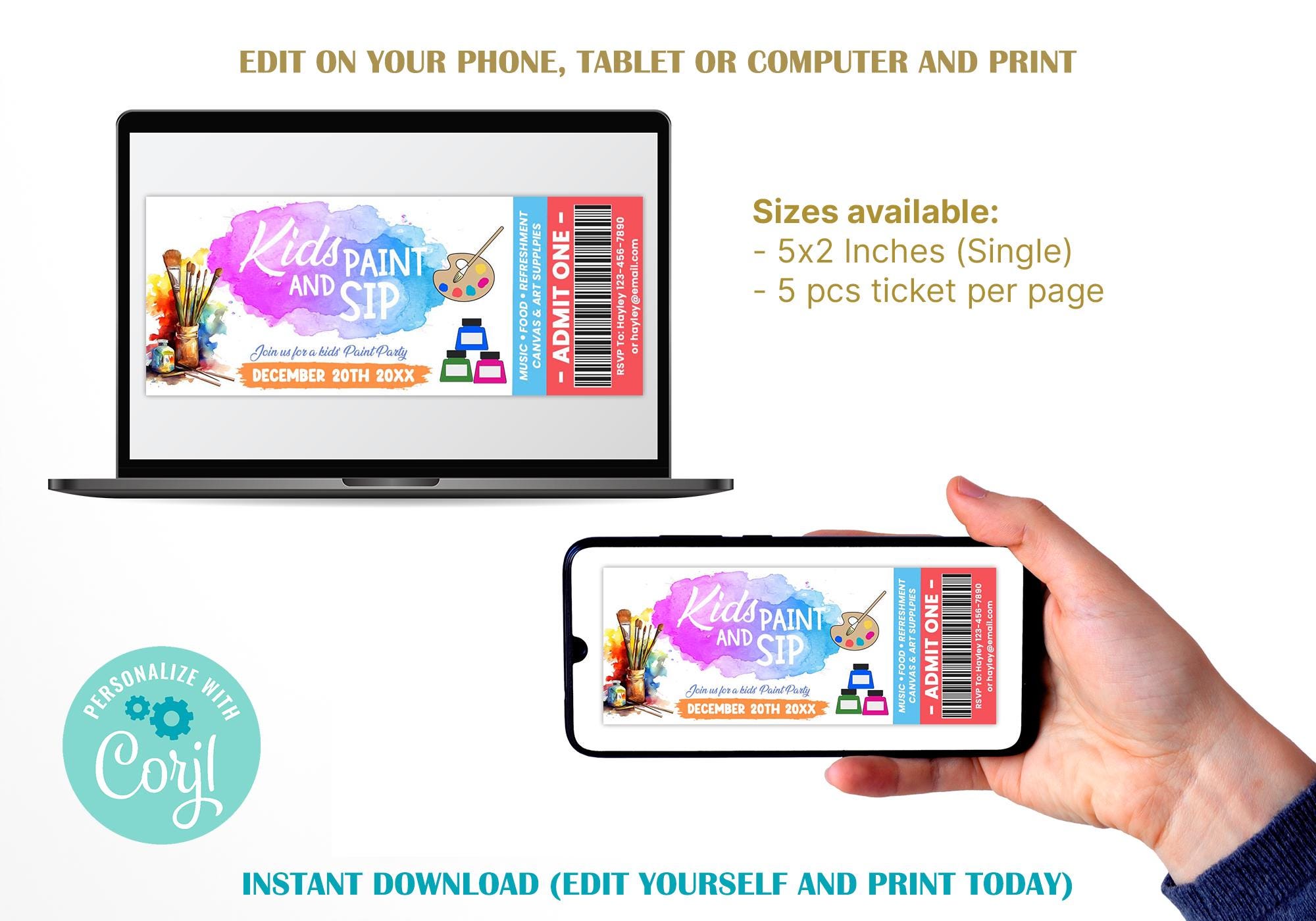 DIY Kids Paint and Sip Ticket | Editable Kids Paint Party Event Ticket ...