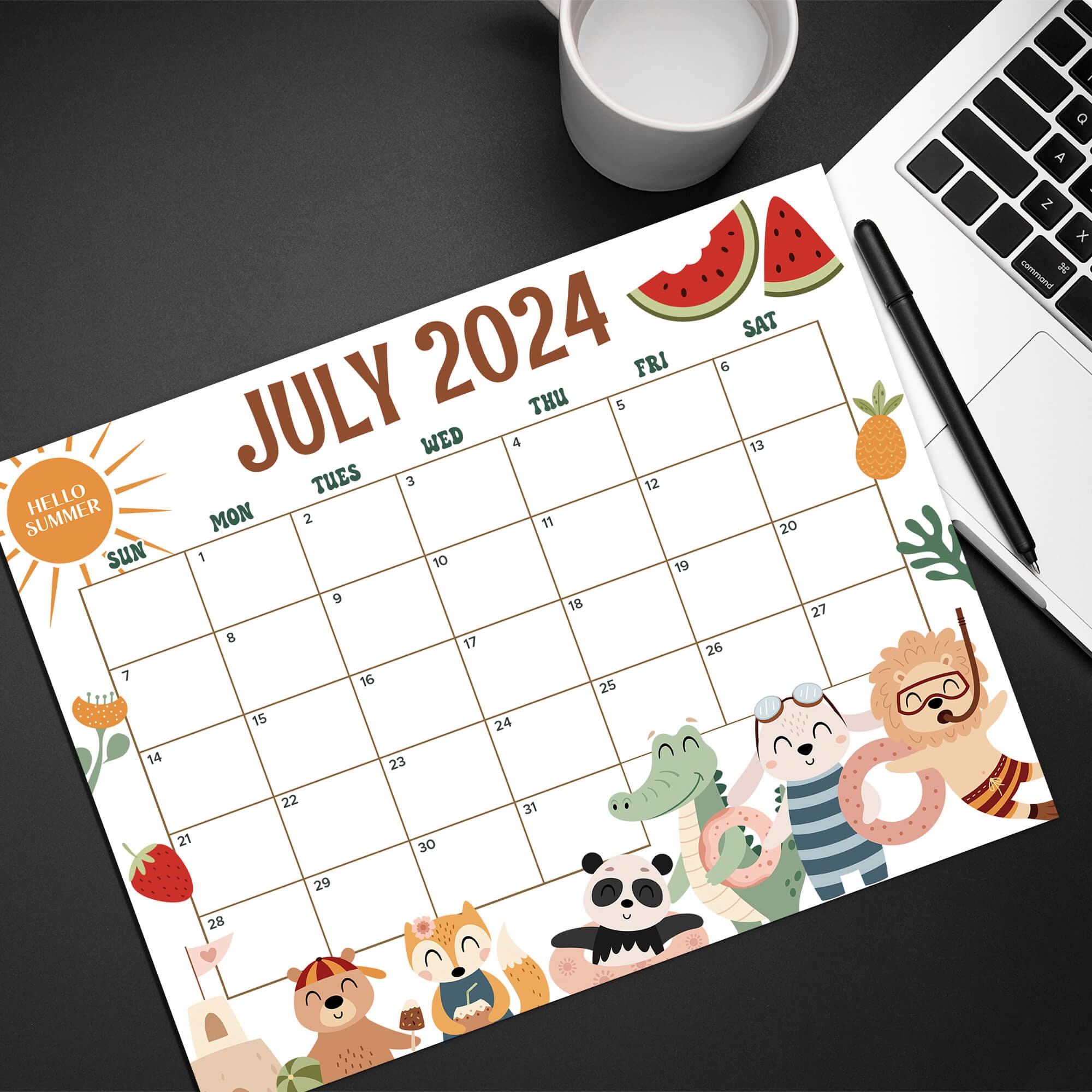 Animal Summer July 2024 Calendar, Printable Animal Themed July Calendar ...