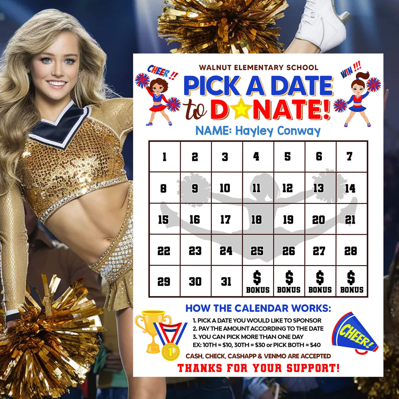 Cheerleading Fundraiser Donation Calendar, Editable Pick a Date to ...