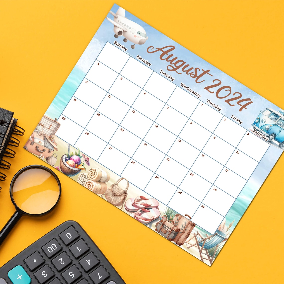 PDF August 2024 Adventure Themed Calendar, Printable Cute Travel ...