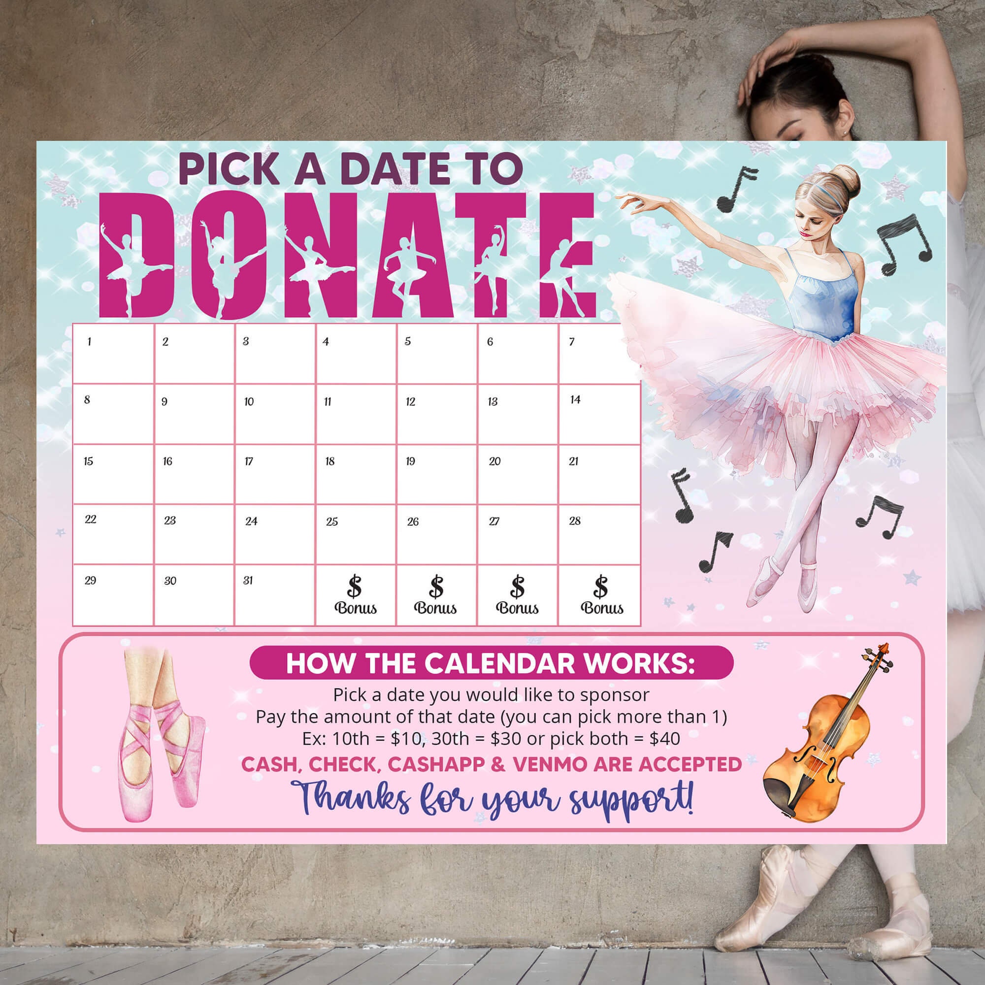 Editable Dance Fundraising Calendar, Ballerina Pick a Date to Donate, Ballet Pay the Date ...