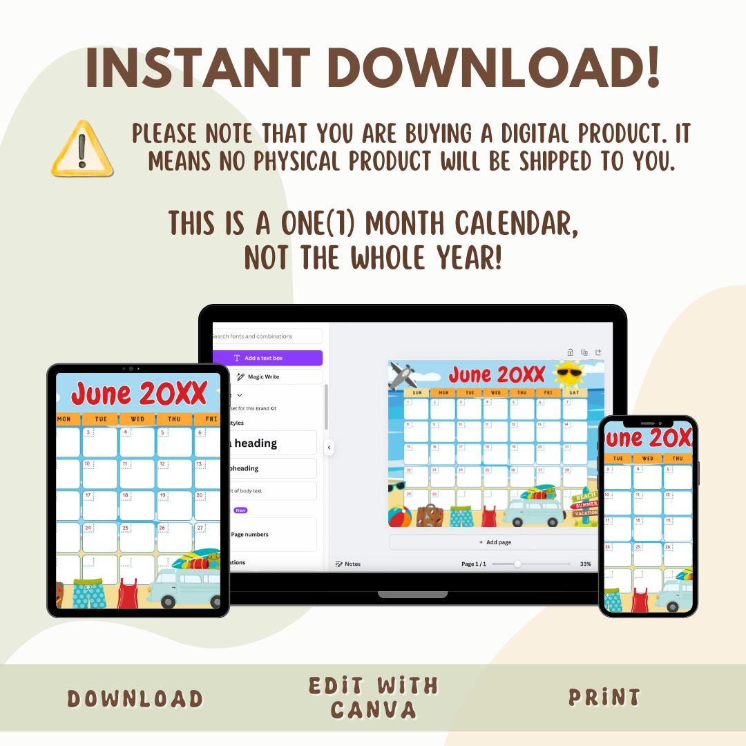 Editable June Calendar | Beach Vacation Digital Planner | Cute Summer ...