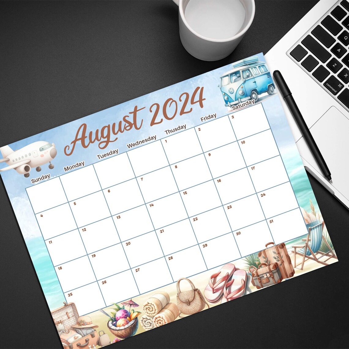 PDF August 2024 Adventure Themed Calendar, Printable Cute Travel ...