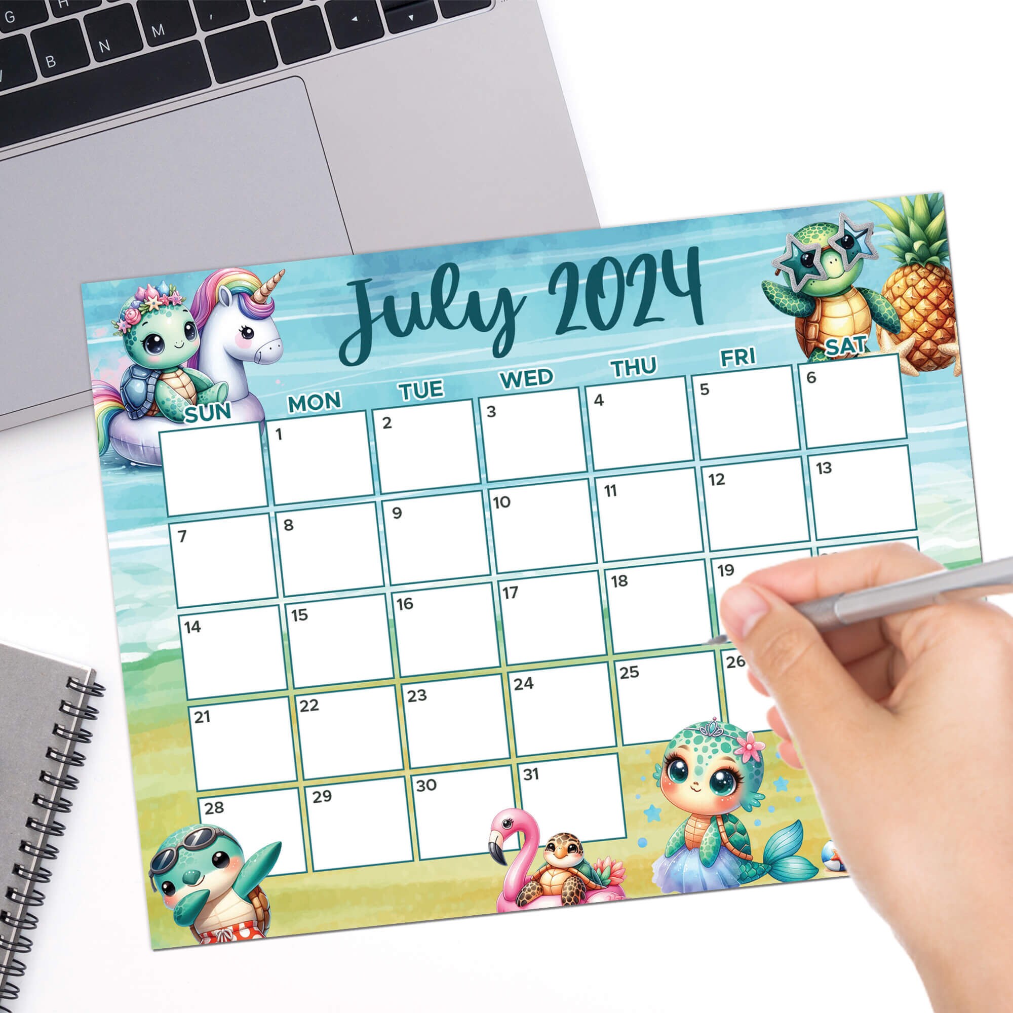 Printable Summer July 2024 Calendar, Cute Underwater Sea Turtle Month ...