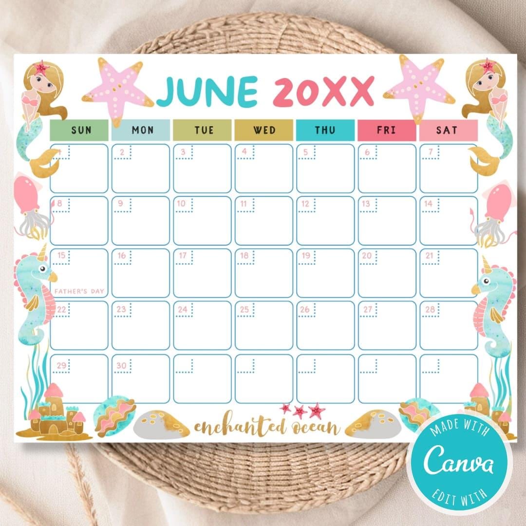Editable Enchanted Ocean June Calendar | Mermaid Planner Template ...