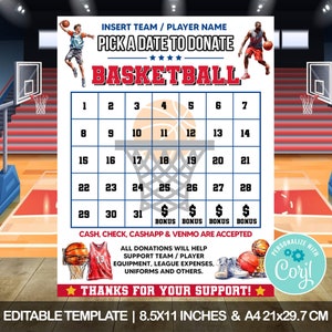 Editable Basketball Fundraiser Donation Calendar Template, Pick a Date ...