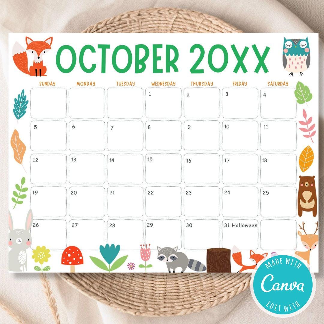 Editable Fall Colors October Animal Calendar Template - Etsy