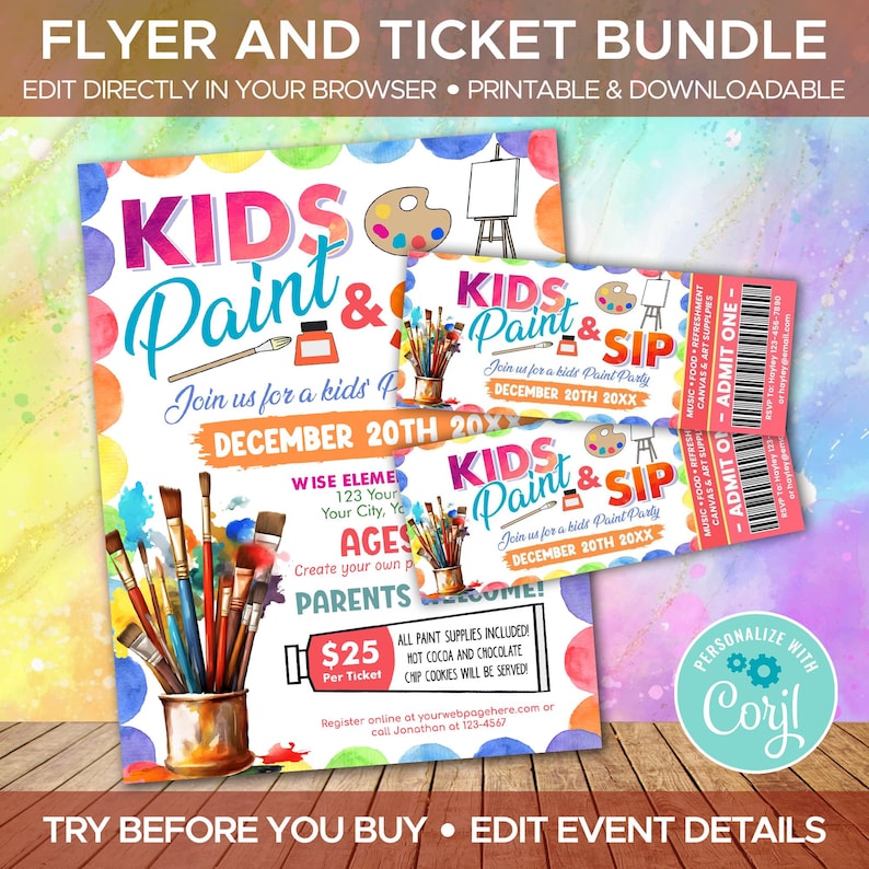 Editable Kids Sip and Paint Ticket and Flyer Bundle | Kids Paint Party ...