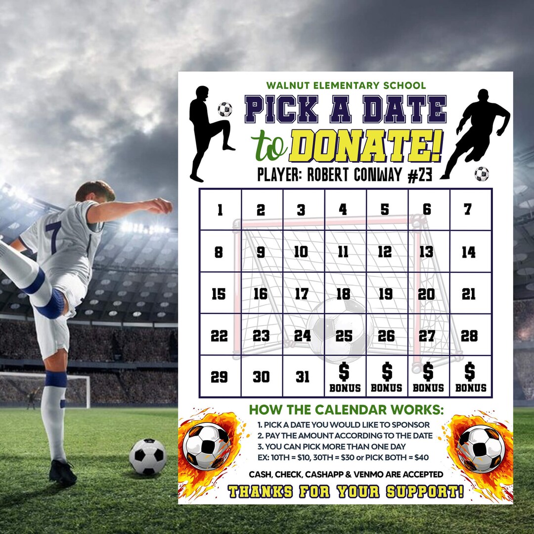 Editable Soccer Fundraiser Pick A Date to Donate Calendar, Football ...