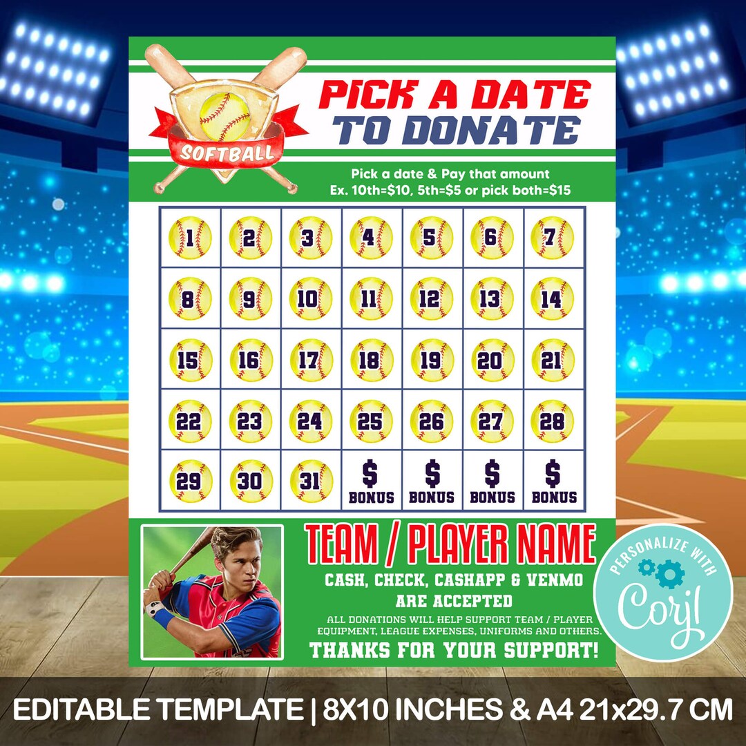 Editable Softball Pick a Date to Donate, Sports Fundraising Calendar ...