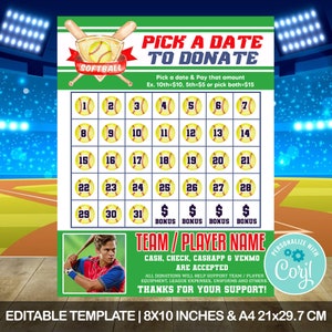 Editable Softball Pick a Date to Donate, Sports Fundraising Calendar ...