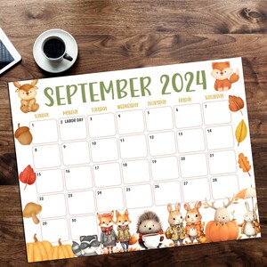 Printable September 2024 Calendar With Fall Animals - Etsy