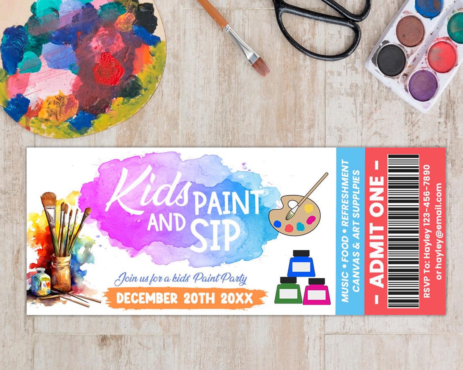 DIY Kids Paint and Sip Ticket | Editable Kids Paint Party Event Ticket ...