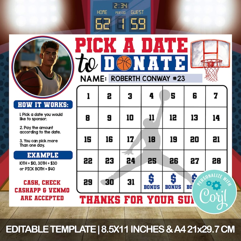 Editable Basketball Calendar Fundraiser, Basketball Pick a Date to ...