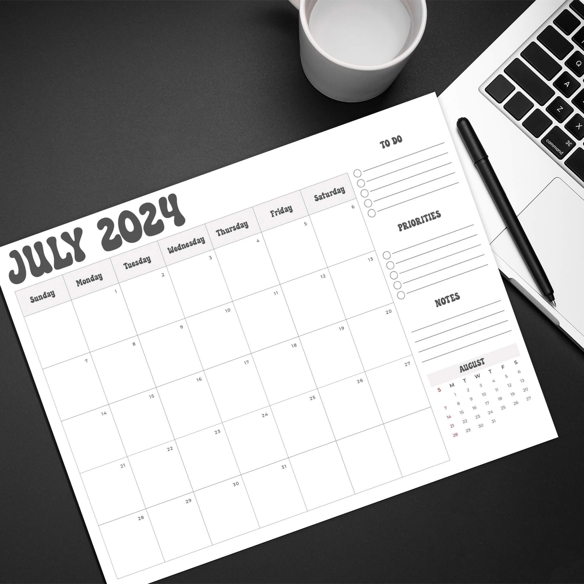 Retro Minimalist July 2024 Calendar, Printable Clean Vintage Classic ...