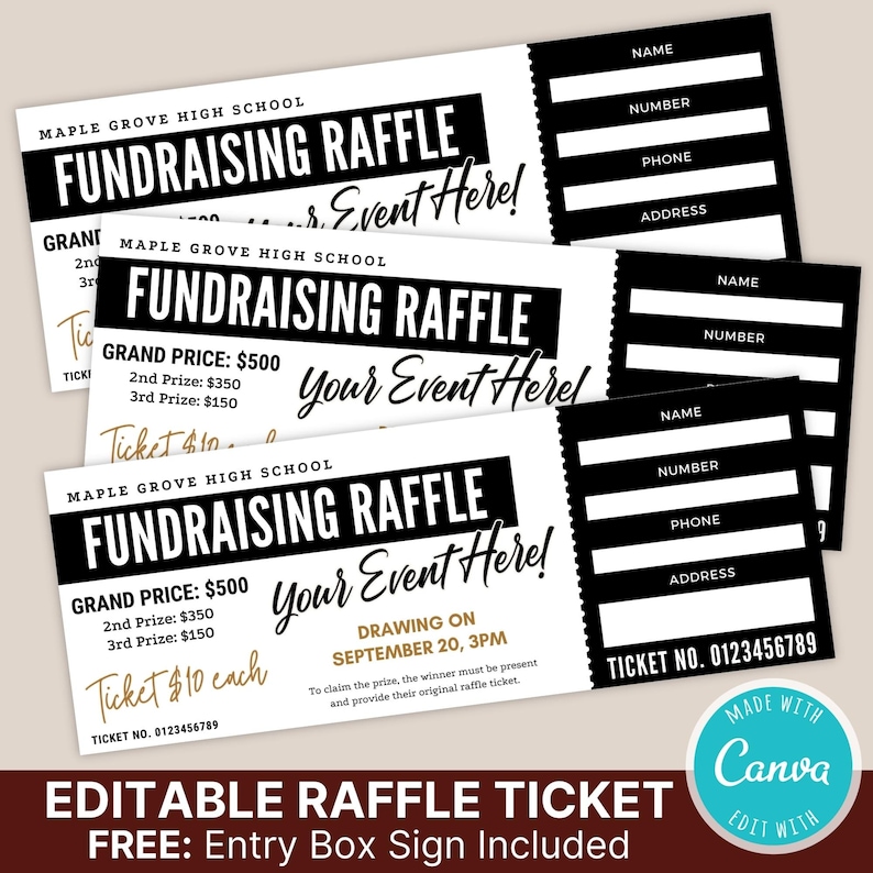 Editable School Raffle Ticket Template | Printable Fundraiser Ticket | DIY Custom Raffle Tickets ...