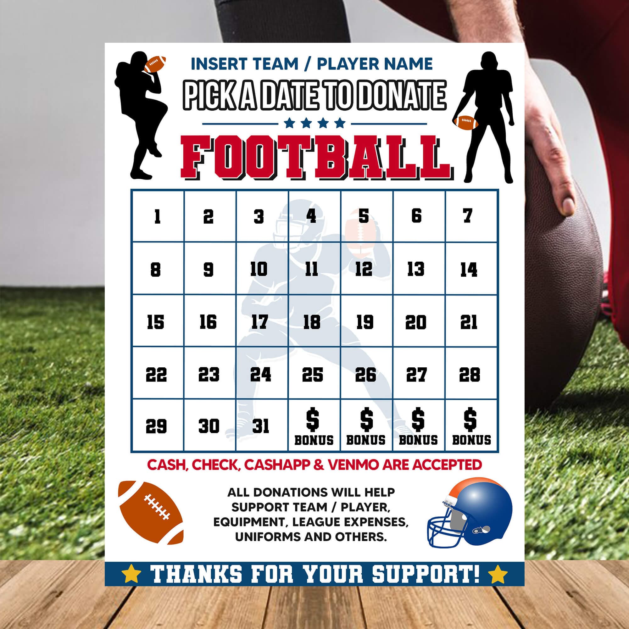 Editable Football Pick a Date to Donate Calendar Flyer, Pay the Date ...
