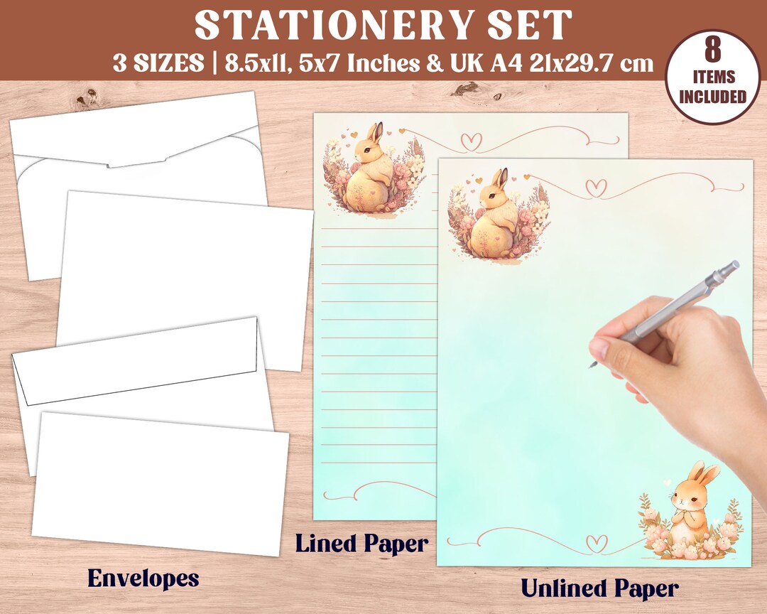 Cute Stationary 8 Pieces, Adorable Bunny Stationary Set, Printable ...