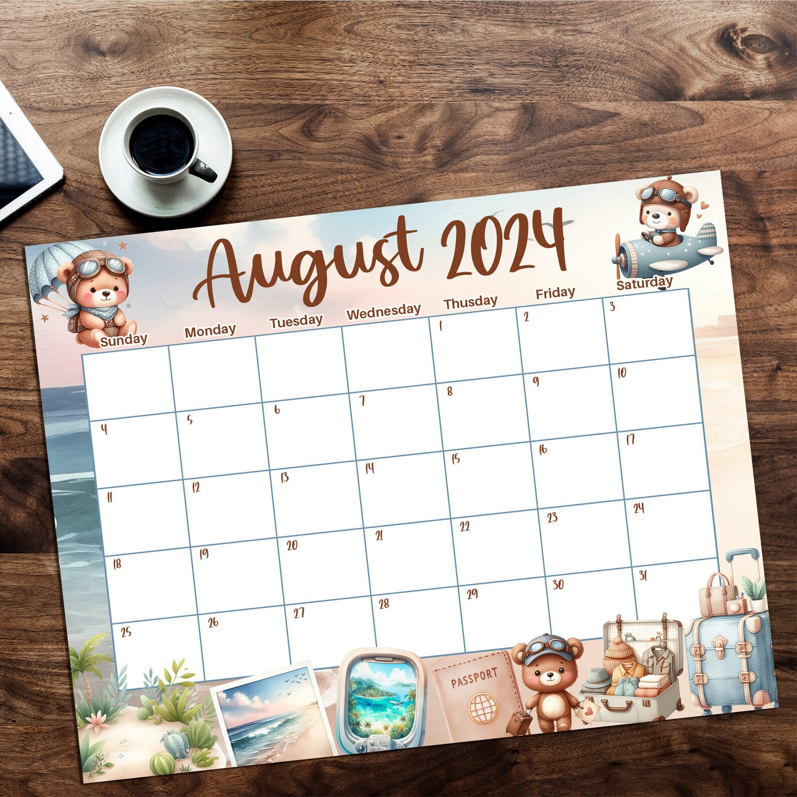 PDF Cute Travel Themed August 2024 Calendar, Printable Travel Bear ...