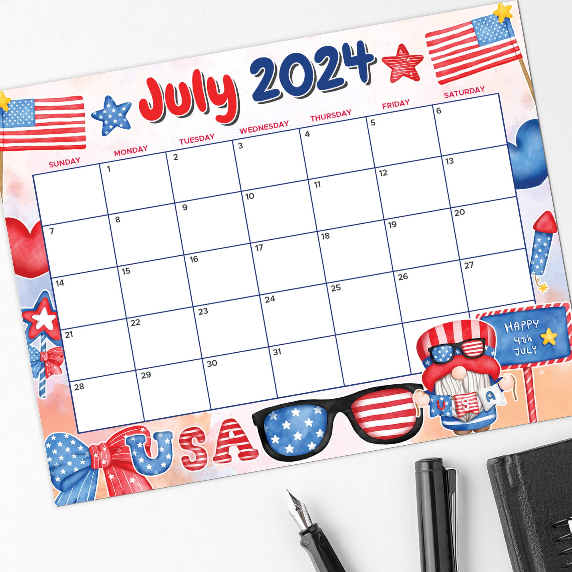 Printable 4th of July Day Calendar Planner, July 2024 Calendar, 4th of ...