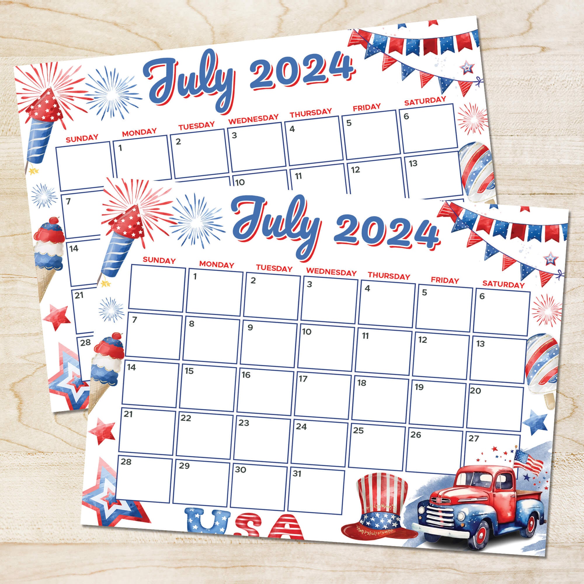 4th of July Day Calendar Planner, Printable July 2024 Calendar ...