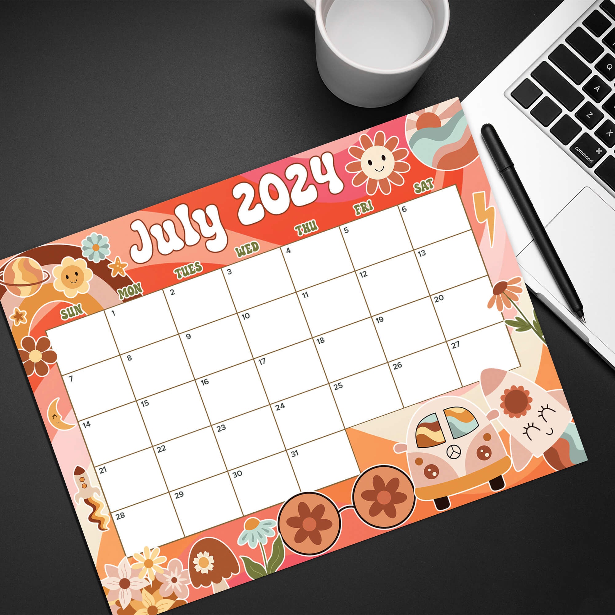 Printable Retro Vibe July 2024 Calendar, Colorful Classic Nostalgic ...
