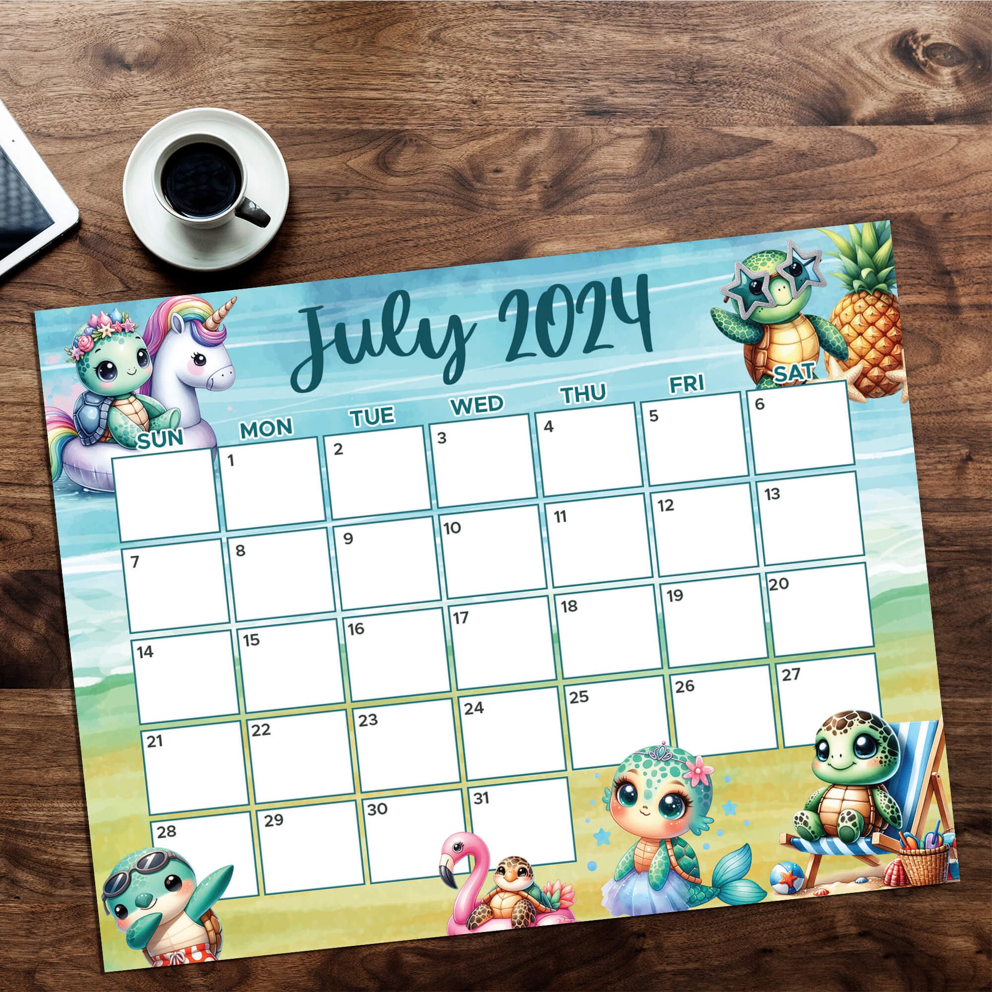 Printable Summer July 2024 Calendar, Cute Underwater Sea Turtle Month ...