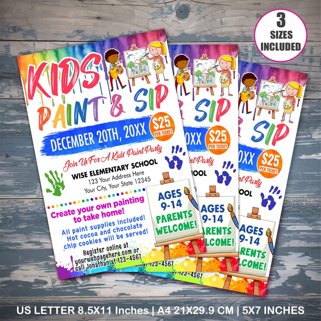 Editable Kids Paint and Sip Flyer, Kids Event Flyer Template, Kids ...