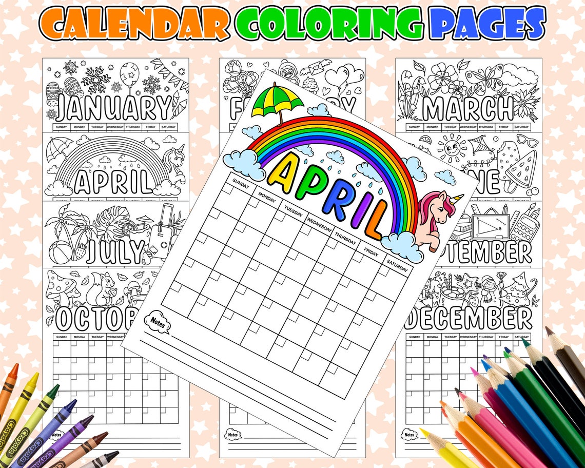 12 Month Coloring Calendar for Kids, Printable Calendar to Color, Cute ...
