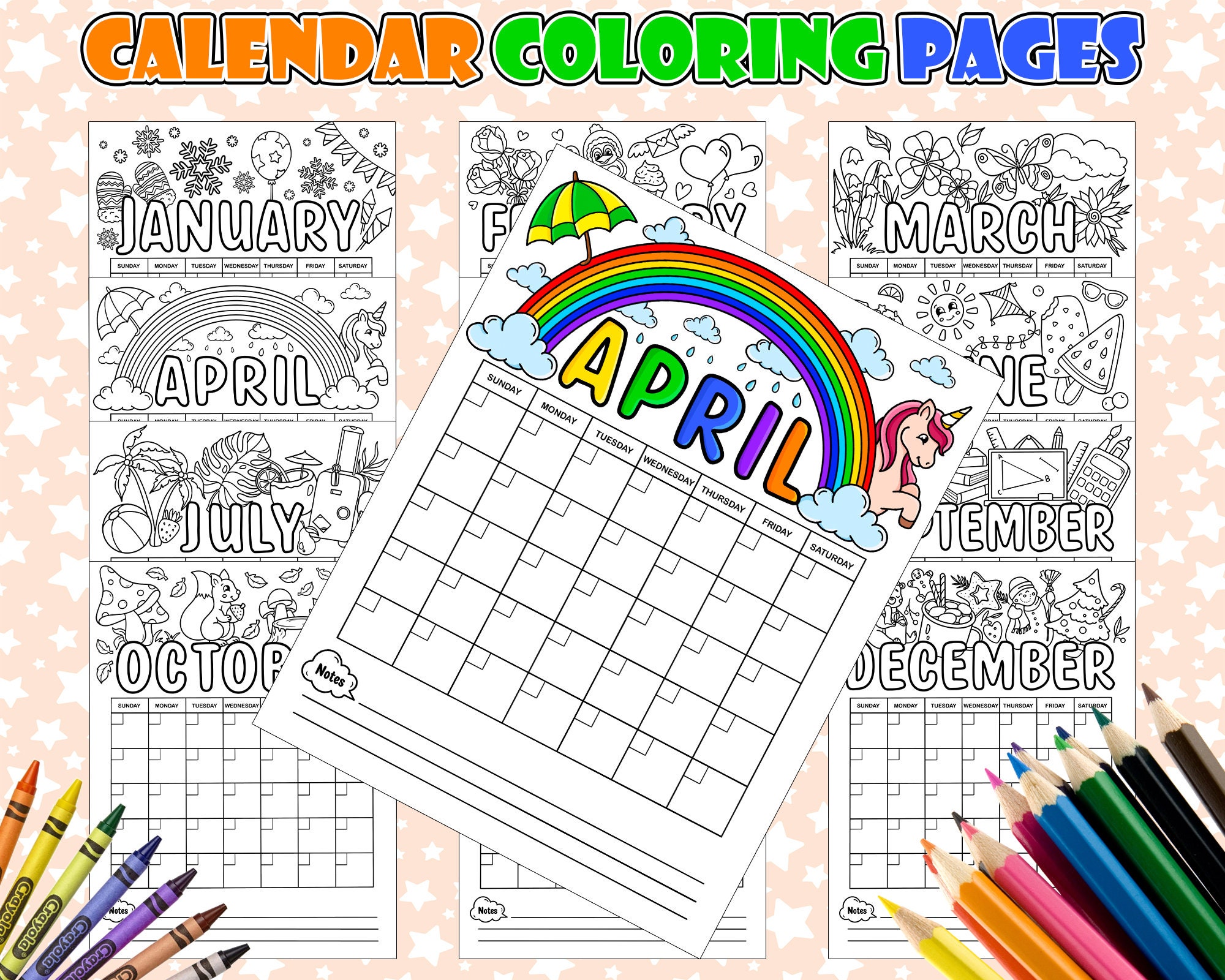 12 Month Coloring Calendar for Kids, Printable Calendar to Color, Cute ...