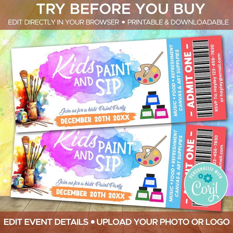 DIY Kids Paint and Sip Ticket | Editable Kids Paint Party Event Ticket ...