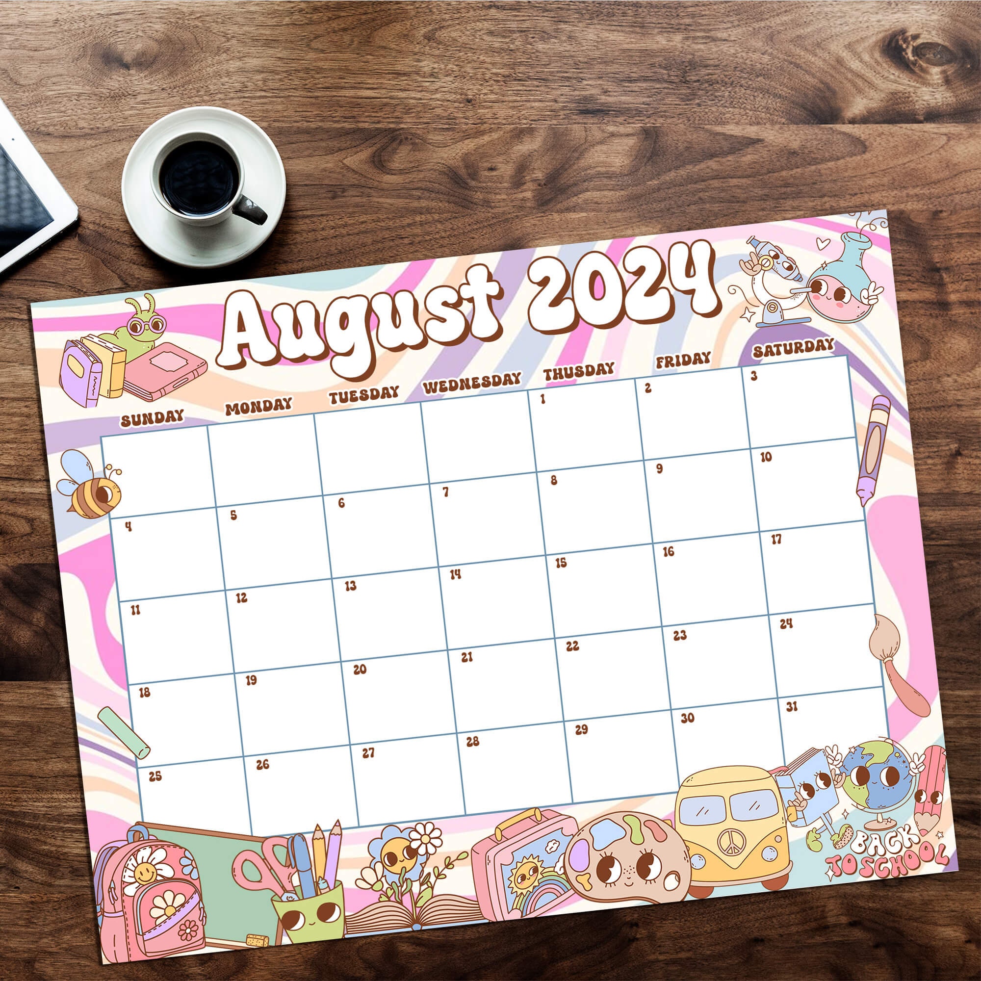 Printable Retro Vibe Back to School August 2024 Calendar, Classic ...