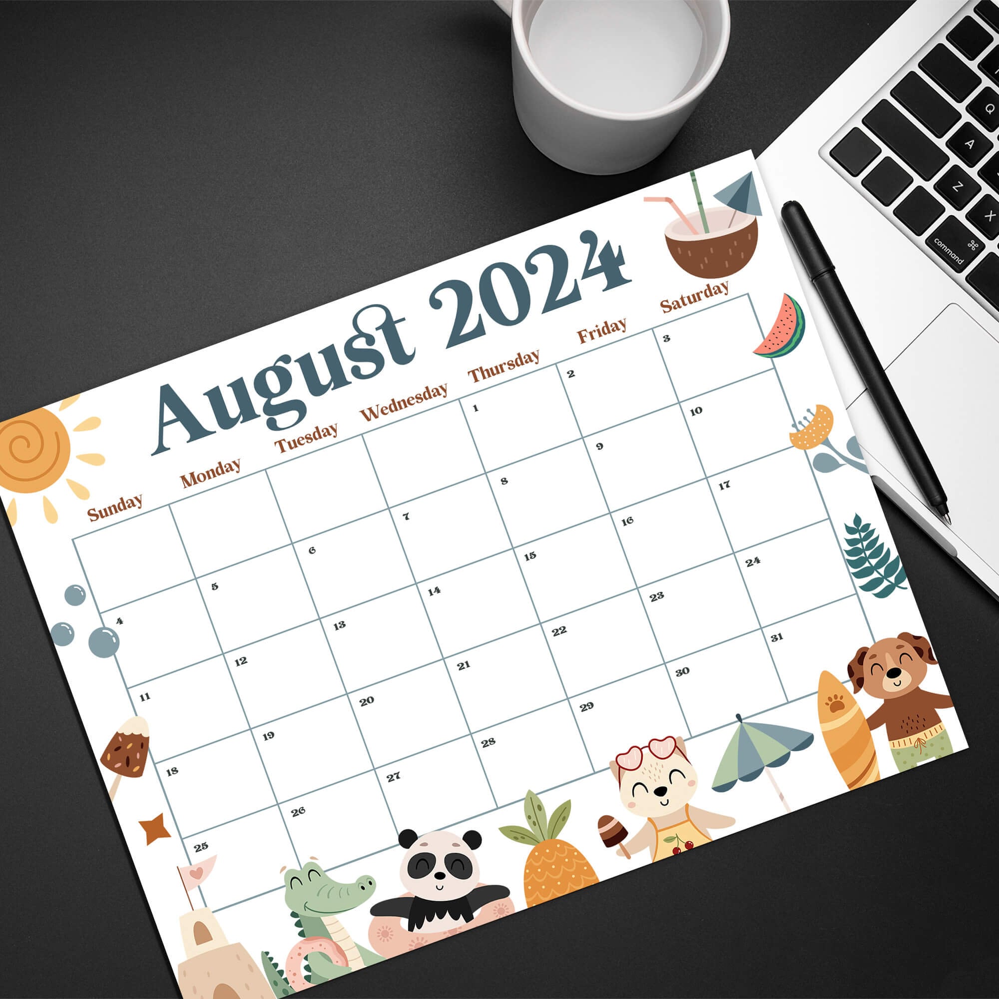August 2024 Animal Summer Calendar, Printable Animal Themed August ...