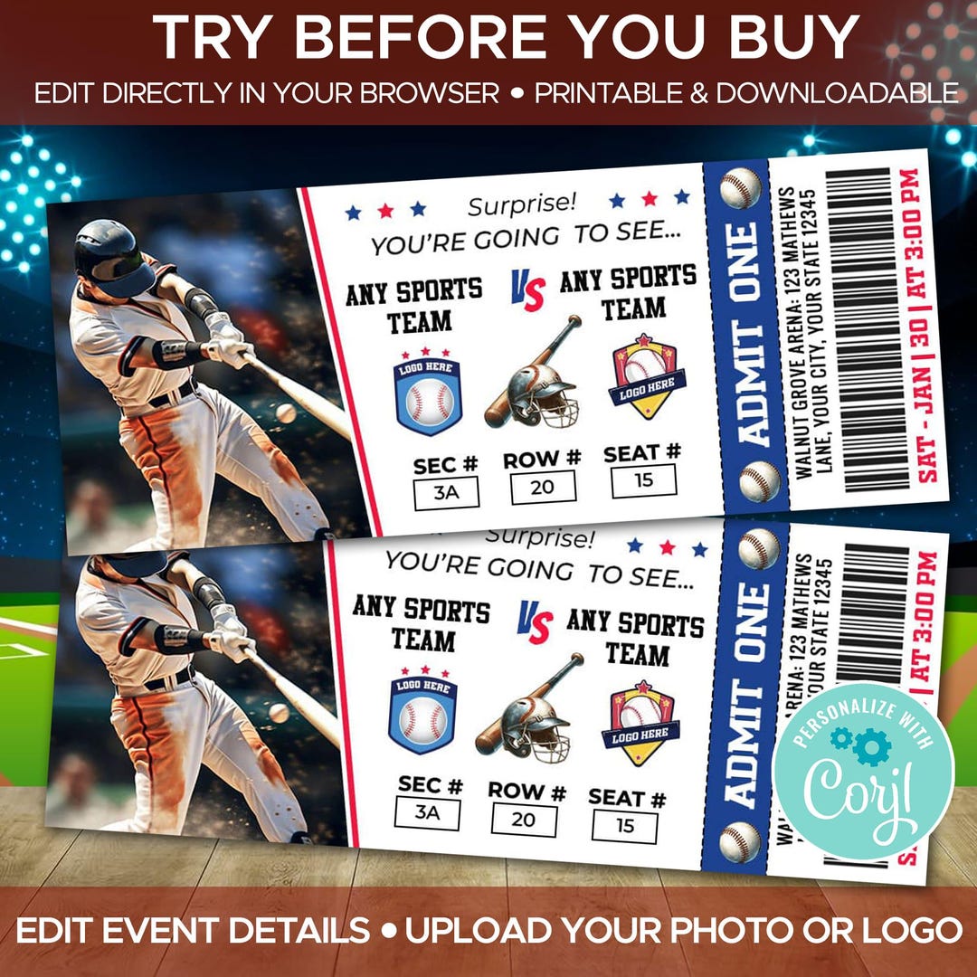 Editable Baseball Game Ticket Template | Printable Sports Game Ticket ...