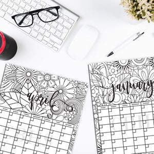 12 Month Coloring Calendar Floral Pattern Black Lettering, Printable ...