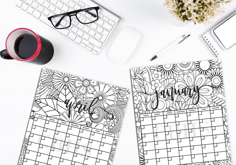 12 Month Coloring Calendar Floral Pattern Black Lettering, Printable ...