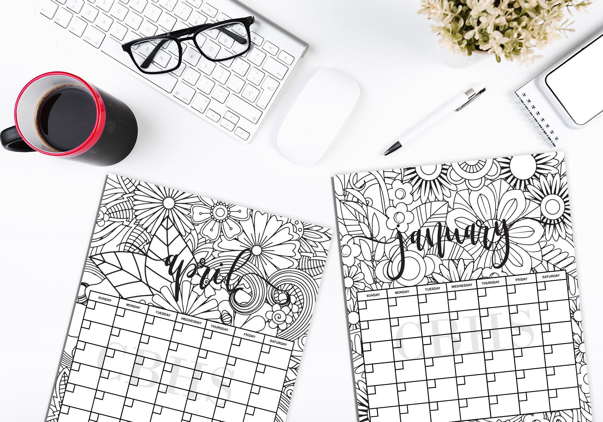 12 Month Coloring Calendar Floral Pattern Black Lettering, Printable ...