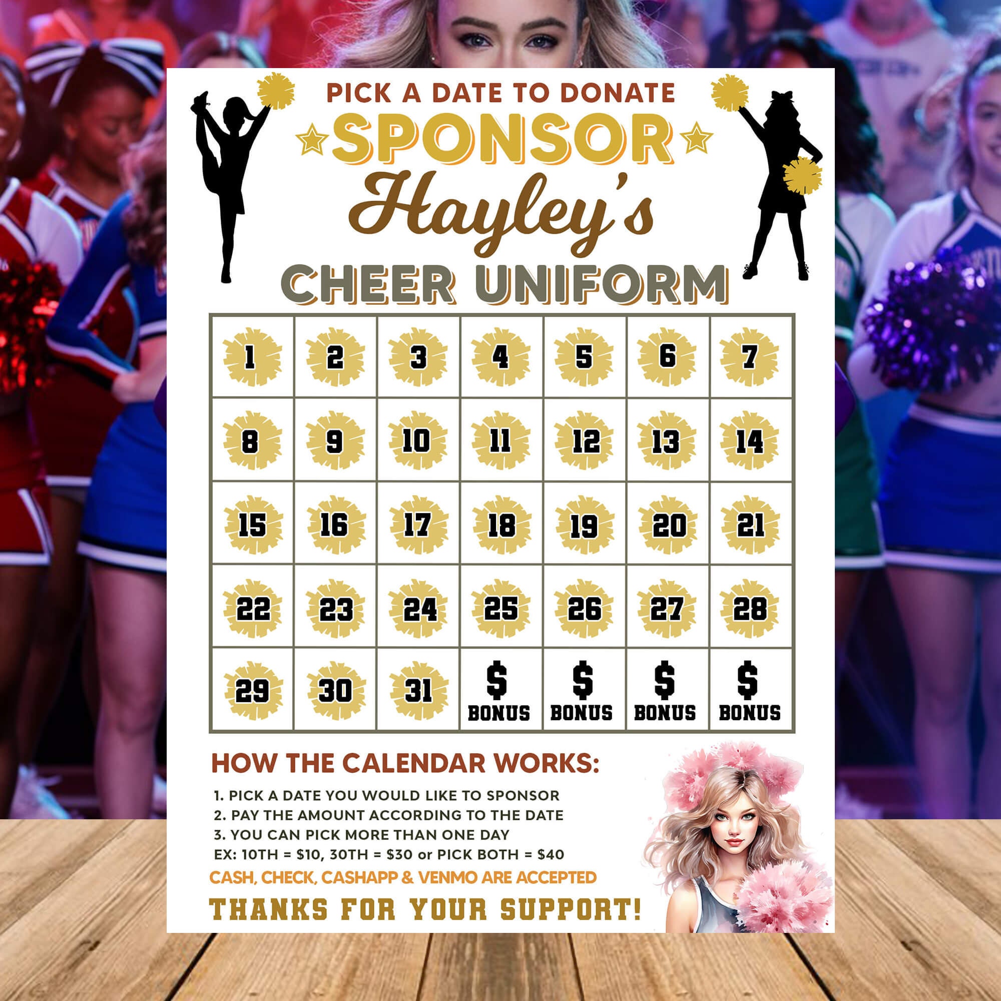 Editable Cheerleader Pick a Date to Donate, School Cheerleading ...