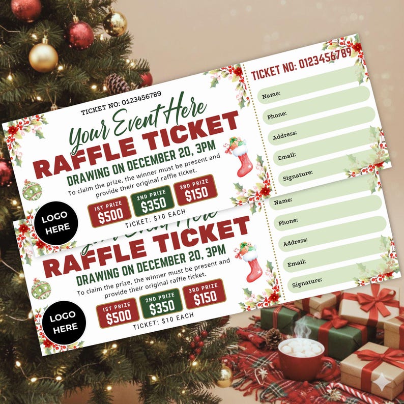 Printable Christmas Raffle Ticket Template: Editable Holiday and Winter ...