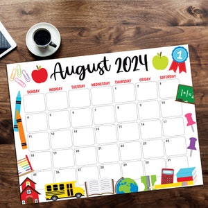 August 2024 Back to School Calendar, Printable Back to School Themed ...